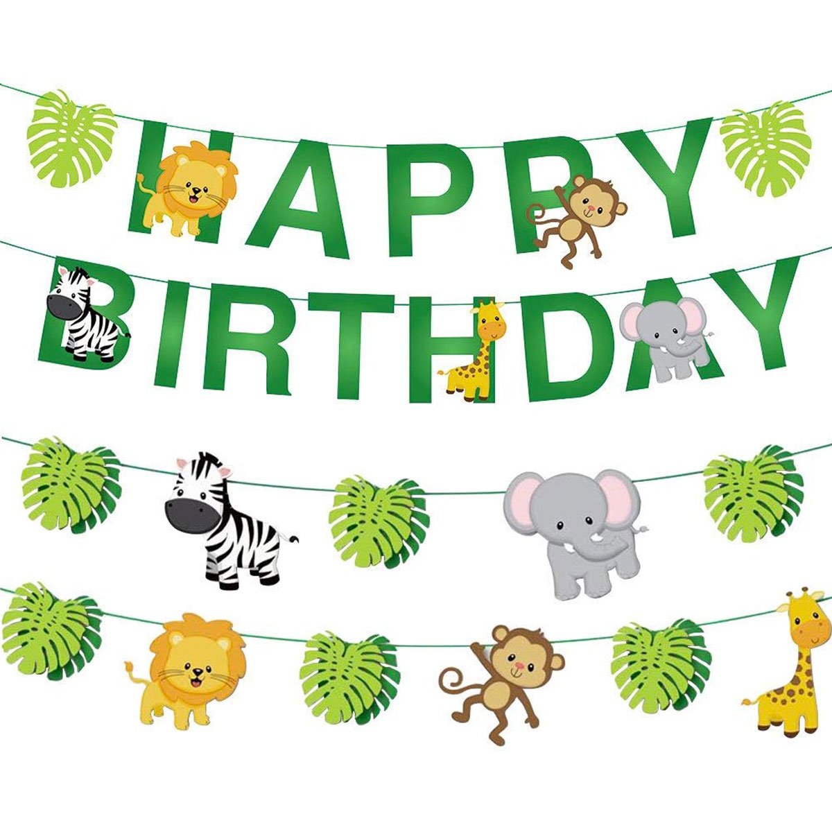 Jungle Animal Themed Happy Birthday Banner - Animals, Letters, Leaves ...